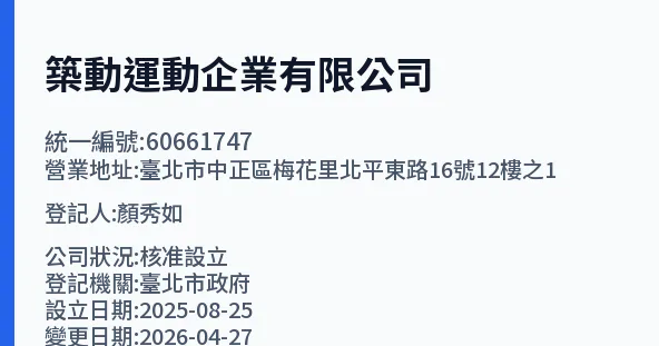 築動運動企業有限公司的照片-統編 60661747(臺北市) 公司登記資料與營業項目詳細圖表