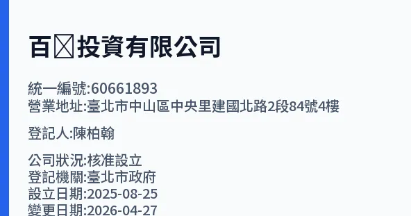 百碒投資有限公司的照片-統編 60661893(臺北市) 公司登記資料與營業項目詳細圖表