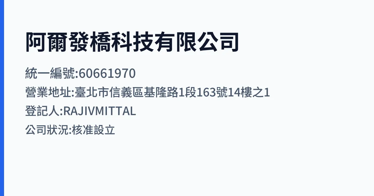 阿爾發橋科技有限公司 - 統編 60661970(臺北市) 公司登記資料與營業項目詳細圖表