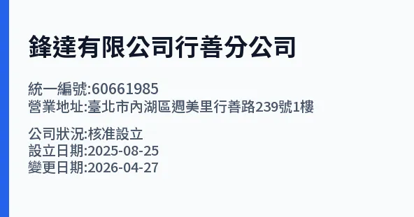 鋒達有限公司行善分公司的照片-統編 60661985(臺北市) 公司登記資料與營業項目詳細圖表