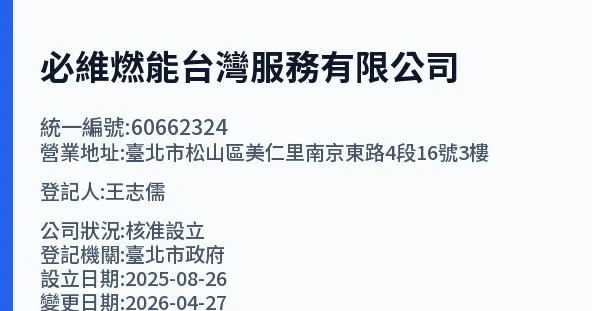 必維燃能台灣服務有限公司的照片-統編 60662324(臺北市) 公司登記資料與營業項目詳細圖表