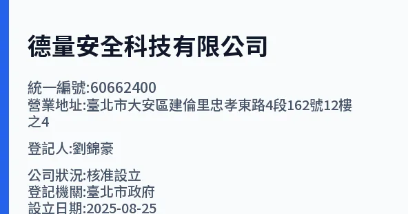 德量安全科技有限公司的照片-統編 60662400(臺北市) 公司登記資料與營業項目詳細圖表