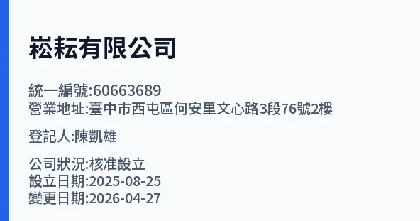 崧耘有限公司的照片-統編 60663689(臺中市) 公司登記資料與營業項目詳細圖表