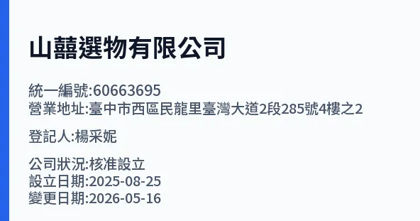 山囍選物有限公司的照片-統編 60663695(臺中市) 公司登記資料與營業項目詳細圖表