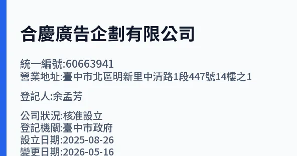 合慶廣告企劃有限公司的照片-統編 60663941(臺中市) 公司登記資料與營業項目詳細圖表