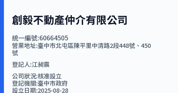 創毅不動產仲介有限公司的照片-統編 60664505(臺中市) 公司登記資料與營業項目詳細圖表