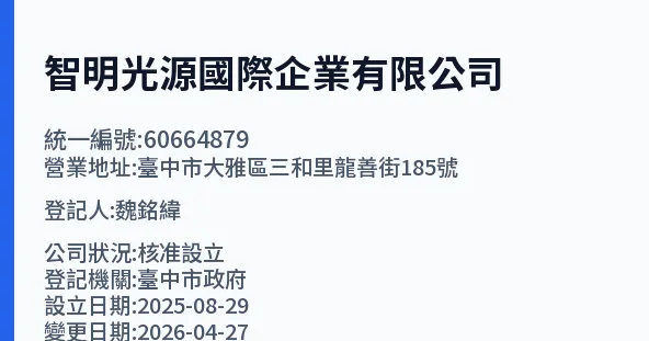 智明光源國際企業有限公司的照片-統編 60664879(臺中市) 公司登記資料與營業項目詳細圖表
