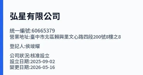 弘星有限公司的照片-統編 60665379(臺中市) 公司登記資料與營業項目詳細圖表