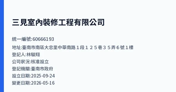 三見室內裝修工程有限公司的照片-統編 60666193(臺南市) 公司登記資料與營業項目詳細圖表