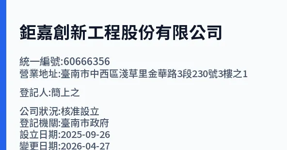 鉅嘉創新工程股份有限公司的照片-統編 60666356(臺南市) 公司登記資料與營業項目詳細圖表
