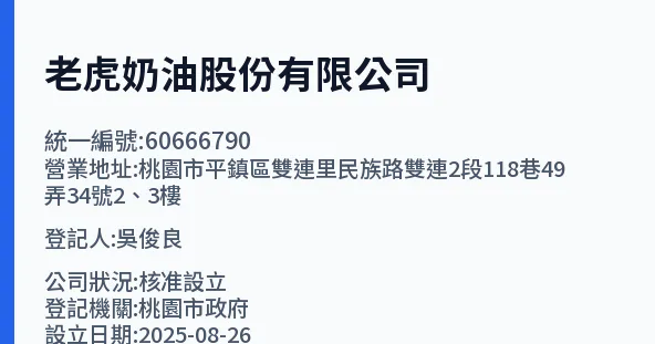 老虎奶油股份有限公司的照片-統編 60666790(桃園市) 公司登記資料與營業項目詳細圖表