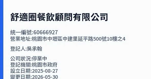 舒適圈餐飲顧問有限公司的照片-統編 60666927(桃園市) 公司登記資料與營業項目詳細圖表