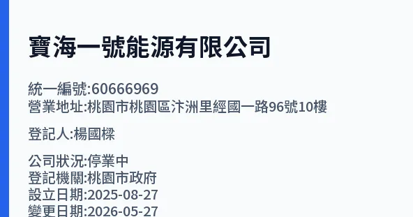 寶海一號能源有限公司的照片-統編 60666969(桃園市) 公司登記資料與營業項目詳細圖表