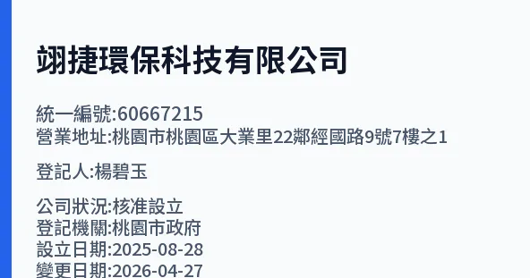 翊捷環保科技有限公司的照片-統編 60667215(桃園市) 公司登記資料與營業項目詳細圖表