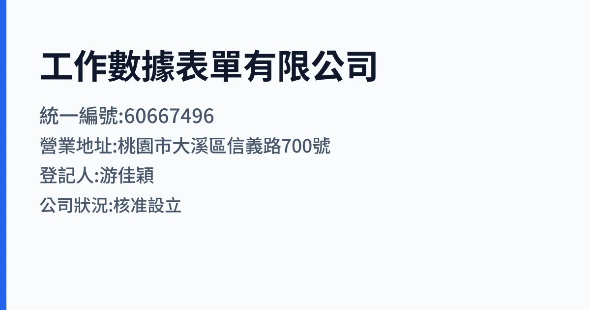 工作數據表單有限公司 - 統編 60667496(桃園市) 公司登記資料與營業項目詳細圖表