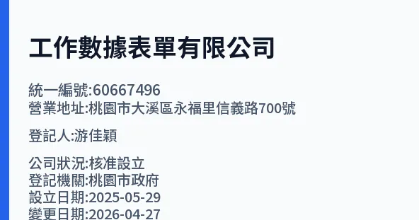 工作數據表單有限公司的照片-統編 60667496(桃園市) 公司登記資料與營業項目詳細圖表