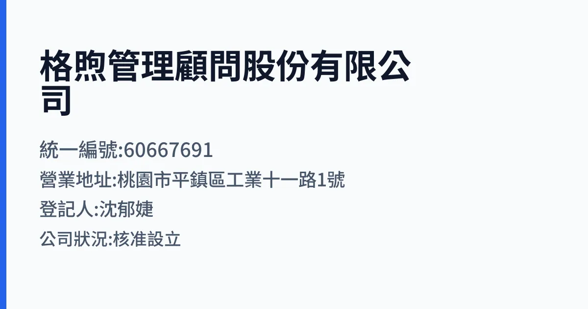 格煦管理顧問股份有限公司 - 統編 60667691(桃園市) 公司登記資料與營業項目詳細圖表