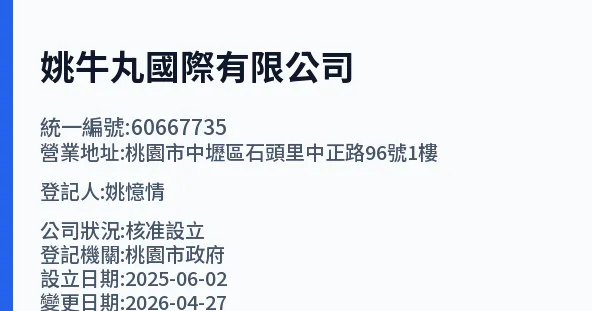 姚牛丸國際有限公司的照片-統編 60667735(桃園市) 公司登記資料與營業項目詳細圖表