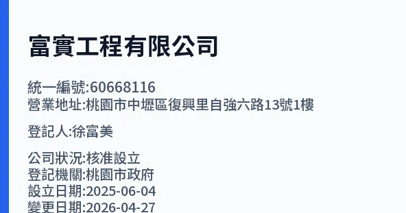 富實工程有限公司的照片-統編 60668116(桃園市) 公司登記資料與營業項目詳細圖表