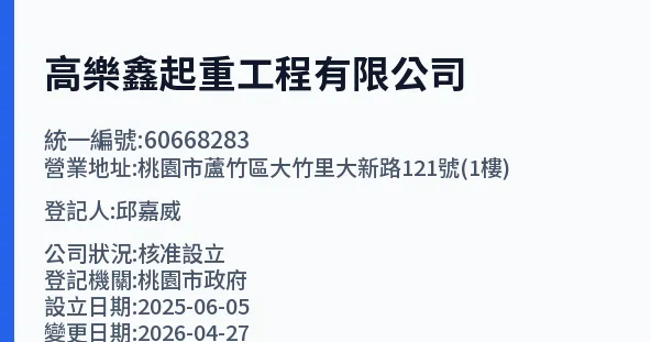 高樂鑫起重工程有限公司的照片-統編 60668283(桃園市) 公司登記資料與營業項目詳細圖表