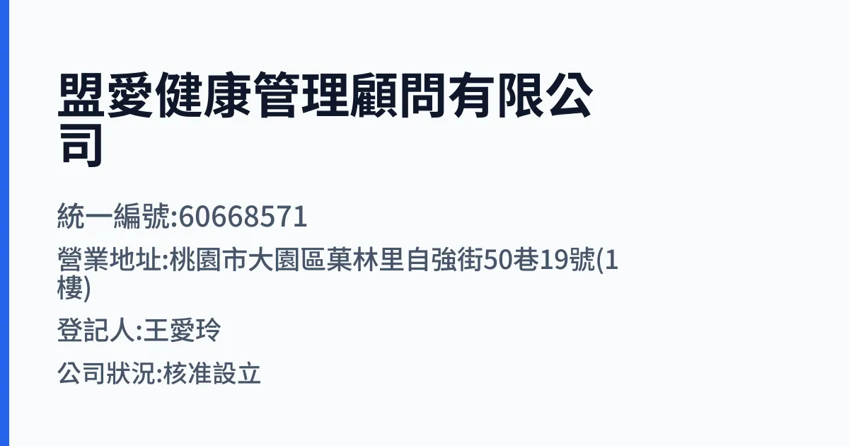 盟愛健康管理顧問有限公司 - 統編 60668571（桃園市） 公司登記資料與營業項目詳細圖表