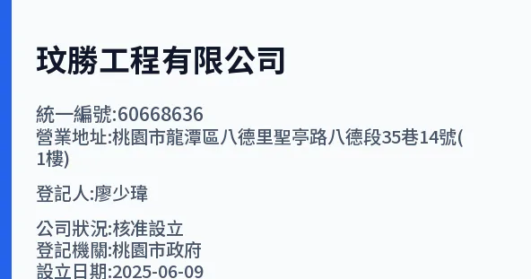 玟勝工程有限公司的照片-統編 60668636(桃園市) 公司登記資料與營業項目詳細圖表