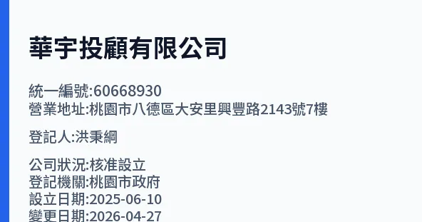 華宇投顧有限公司的照片-統編 60668930(桃園市) 公司登記資料與營業項目詳細圖表