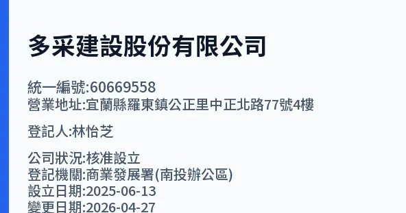 多采建設股份有限公司的照片-統編 60669558(宜蘭縣) 公司登記資料與營業項目詳細圖表