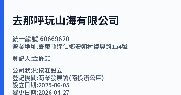 去那呼玩山海有限公司的照片-統編 60669620(臺東縣) 公司登記資料與營業項目詳細圖表