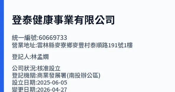 登泰健康事業有限公司的照片-統編 60669733(雲林縣) 公司登記資料與營業項目詳細圖表