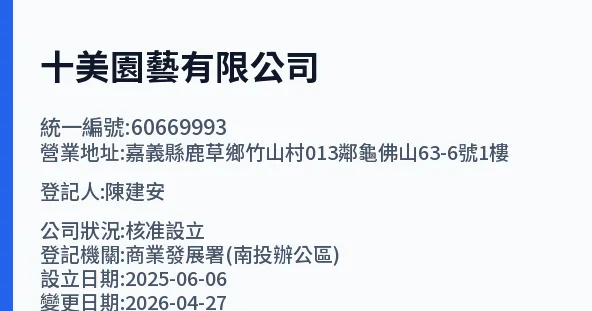 十美園藝有限公司的照片-統編 60669993(嘉義縣) 公司登記資料與營業項目詳細圖表