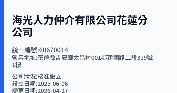 海光人力仲介有限公司花蓮分公司的照片-統編 60670014(花蓮縣) 公司登記資料與營業項目詳細圖表