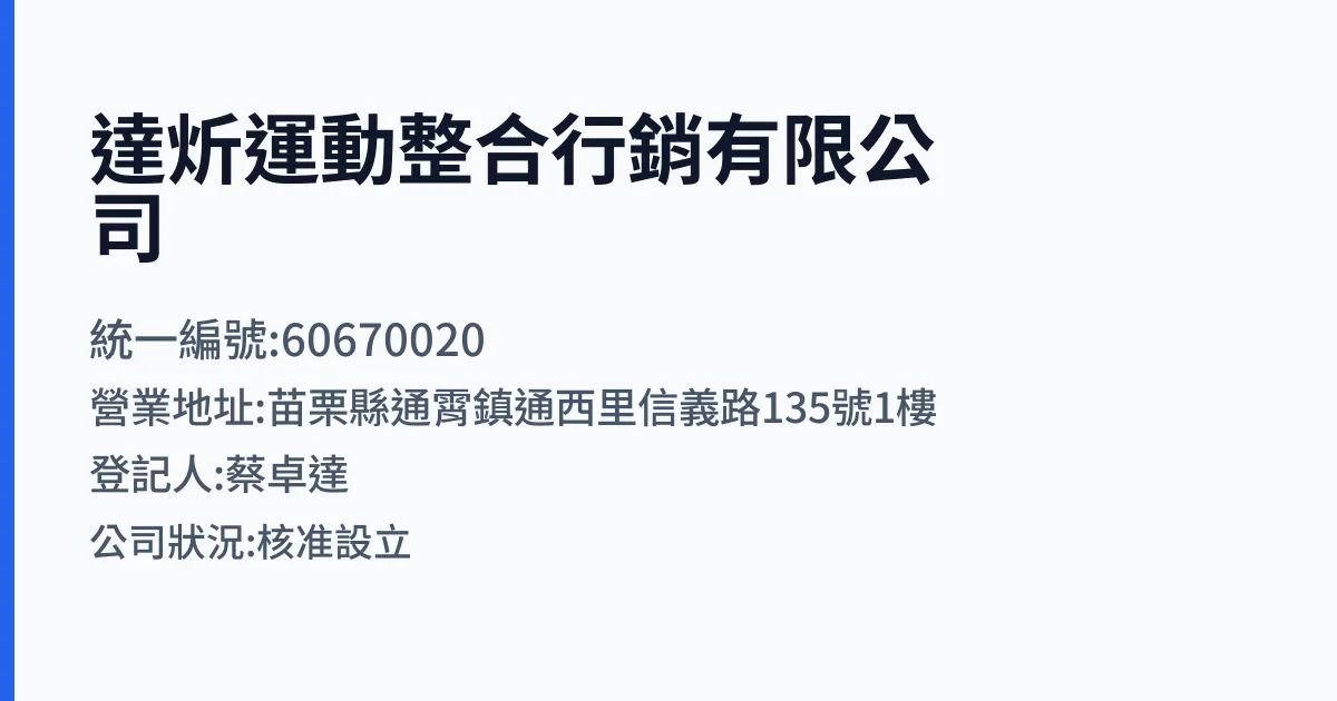 達炘運動整合行銷有限公司 - 統編 60670020(苗栗縣) 公司登記資料與營業項目詳細圖表