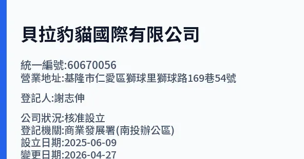 貝拉豹貓國際有限公司的照片-統編 60670056(基隆市) 公司登記資料與營業項目詳細圖表