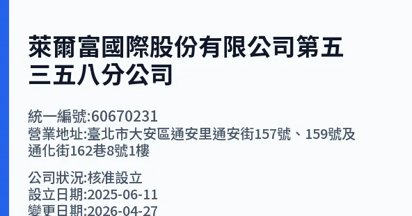 萊爾富國際股份有限公司第五三五八分公司的照片-統編 60670231(臺北市) 公司登記資料與營業項目詳細圖表