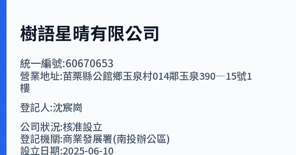樹語星晴有限公司的照片-統編 60670653(苗栗縣) 公司登記資料與營業項目詳細圖表