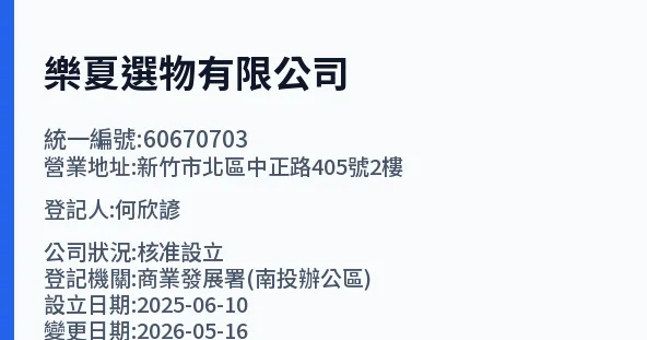 樂夏選物有限公司的照片-統編 60670703(新竹市) 公司登記資料與營業項目詳細圖表