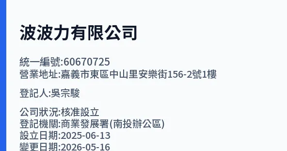波波力有限公司的照片-統編 60670725(嘉義市) 公司登記資料與營業項目詳細圖表