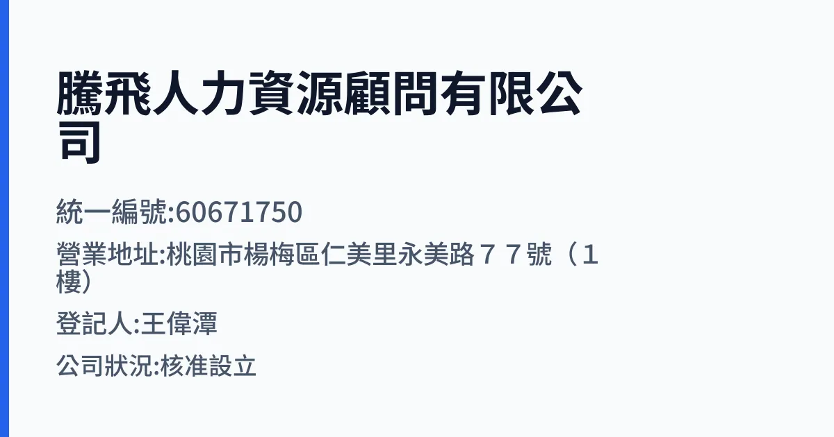 騰飛人力資源顧問有限公司 - 統編 60671750（桃園市） 公司登記資料與營業項目詳細圖表