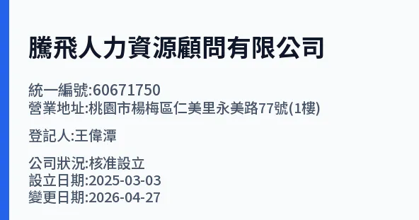 騰飛人力資源顧問有限公司的照片-統編 60671750(桃園市) 公司登記資料與營業項目詳細圖表