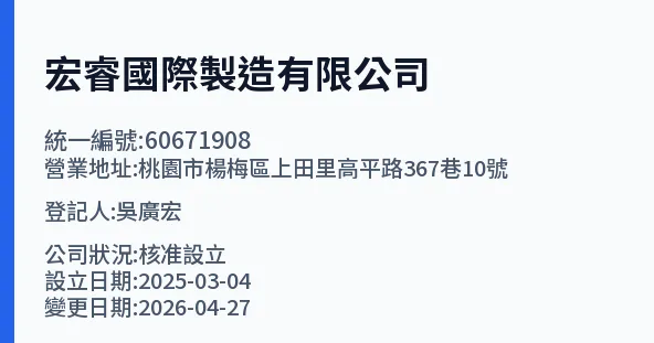 宏睿國際製造有限公司的照片-統編 60671908(桃園市) 公司登記資料與營業項目詳細圖表