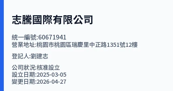 志騰國際有限公司的照片-統編 60671941(桃園市) 公司登記資料與營業項目詳細圖表