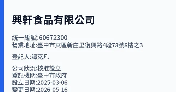 興軒食品有限公司的照片-統編 60672300(臺中市) 公司登記資料與營業項目詳細圖表