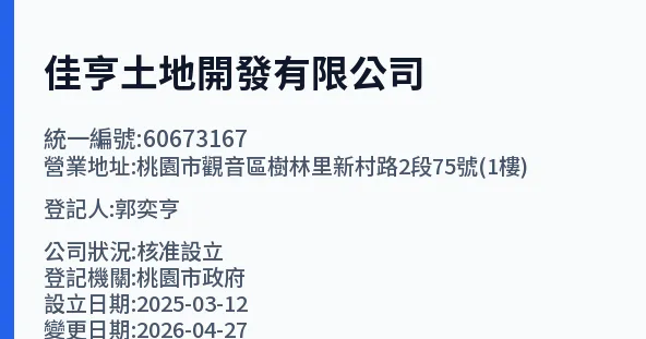 佳亨土地開發有限公司的照片-統編 60673167(桃園市) 公司登記資料與營業項目詳細圖表