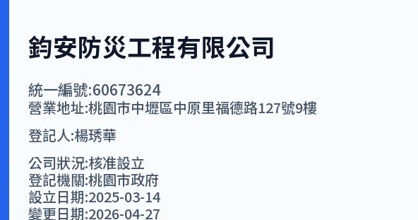 鈞安防災工程有限公司的照片-統編 60673624(桃園市) 公司登記資料與營業項目詳細圖表