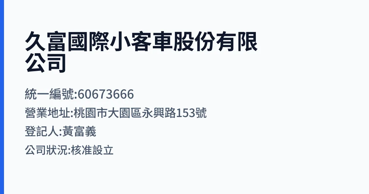 久富國際小客車股份有限公司 - 統編 60673666(桃園市) 公司登記資料與營業項目詳細圖表