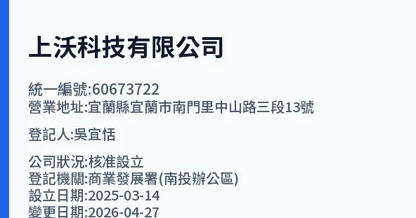 上沃科技有限公司的照片-統編 60673722(宜蘭縣) 公司登記資料與營業項目詳細圖表