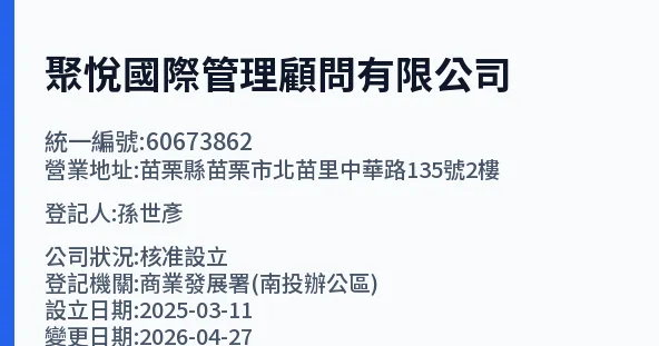 聚悅國際管理顧問有限公司的照片-統編 60673862(苗栗縣) 公司登記資料與營業項目詳細圖表