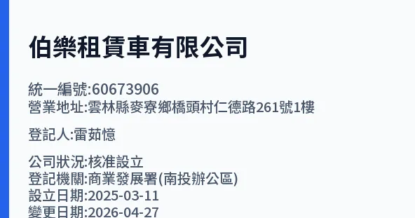 伯樂租賃車有限公司的照片-統編 60673906(雲林縣) 公司登記資料與營業項目詳細圖表