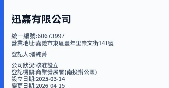 迅嘉有限公司的照片-統編 60673997(嘉義市) 公司登記資料與營業項目詳細圖表